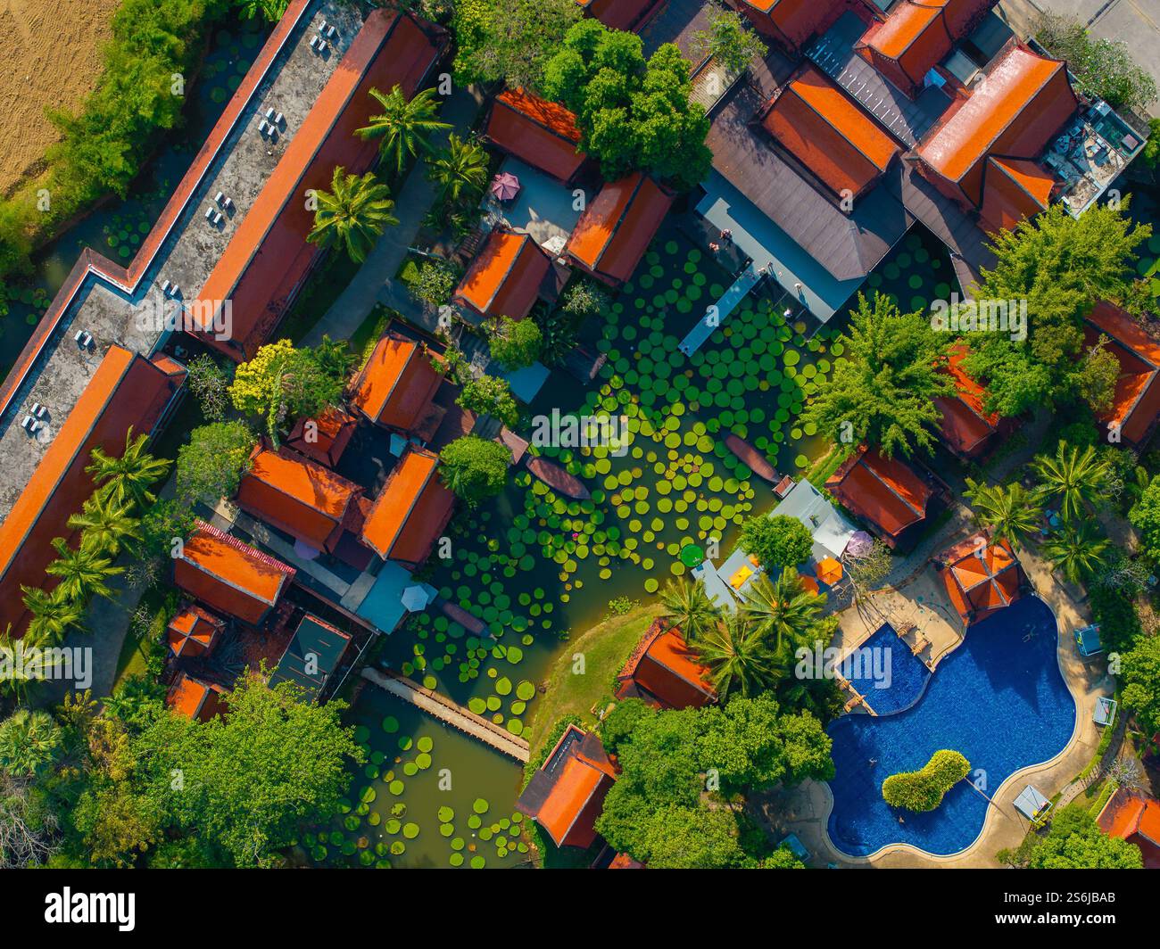 Aerial View of Thai Style Complex with Lotus Pond and Swimming Pool ...