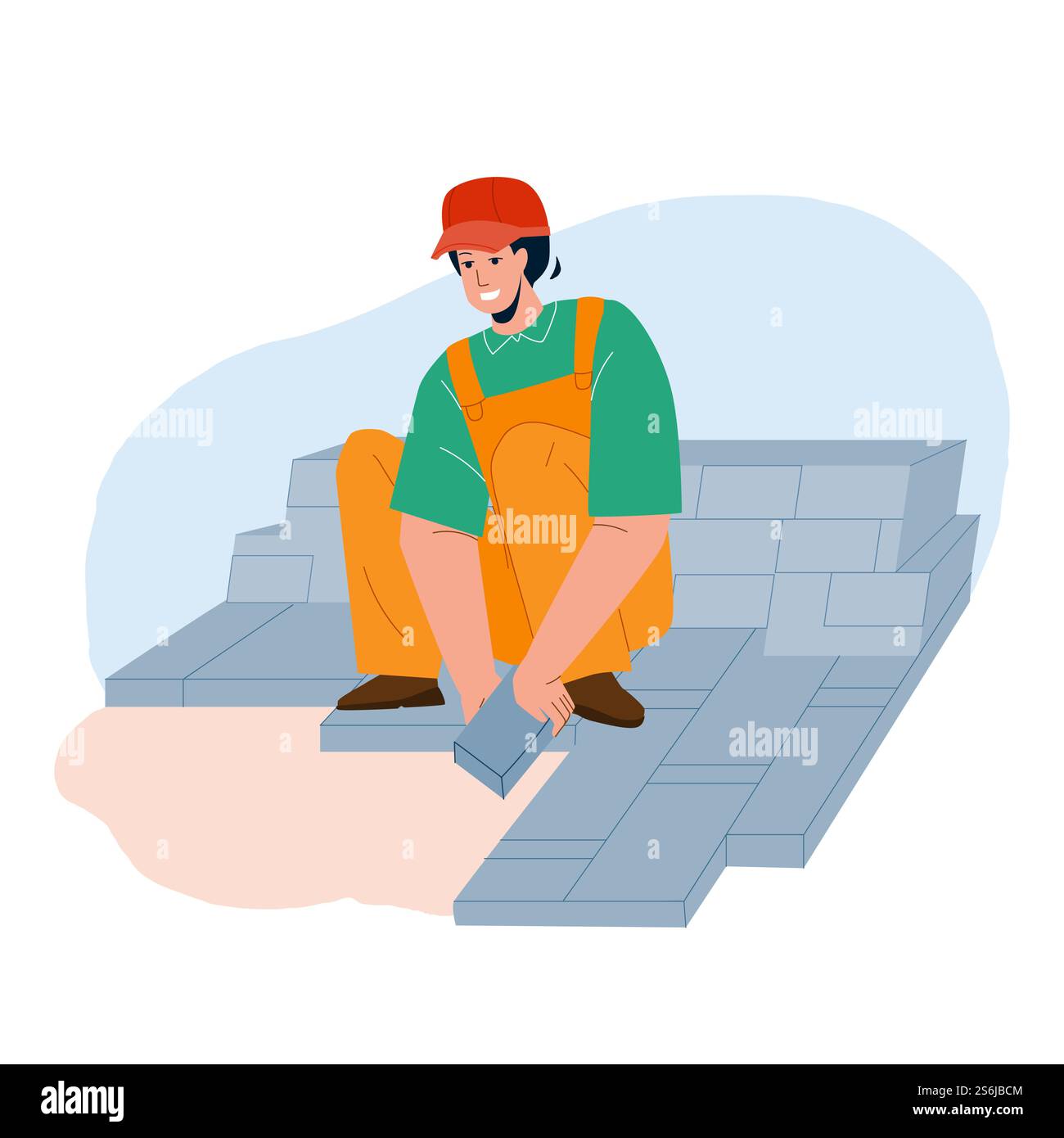 Granite Worker Laying Street Stone Pavers Vector. Granite Worker Man ...