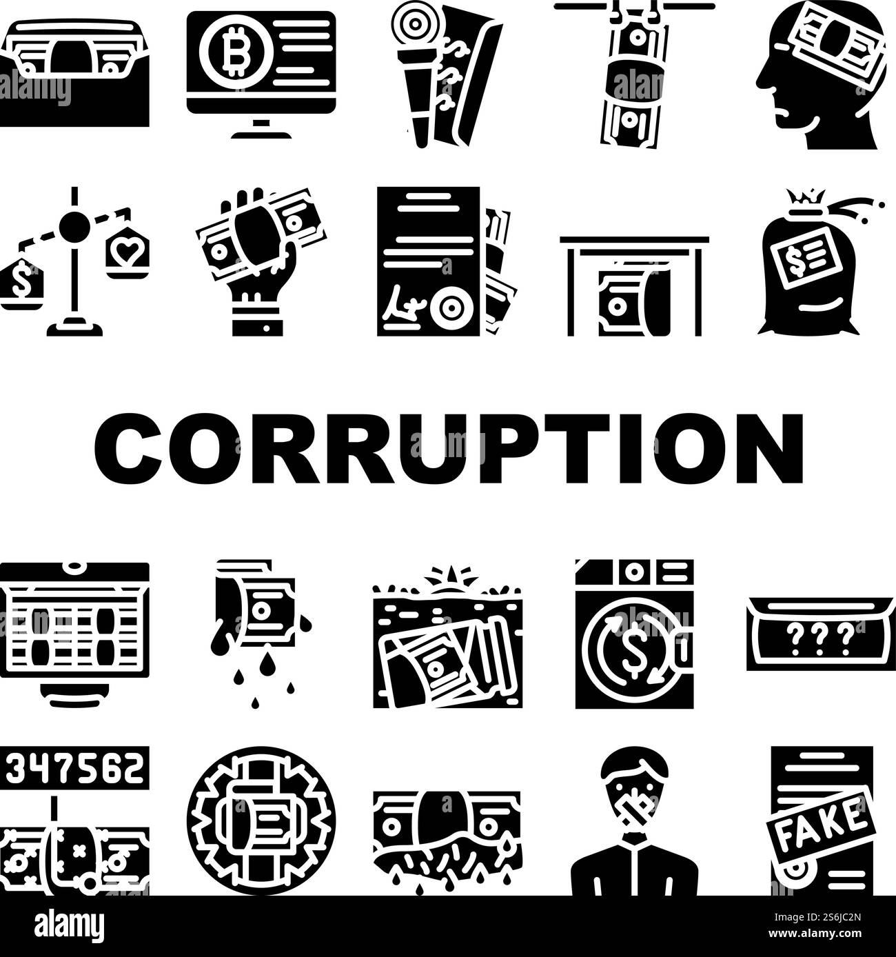 Corruption Problem Collection Icons Set Vector. Money Bag And Envelope ...