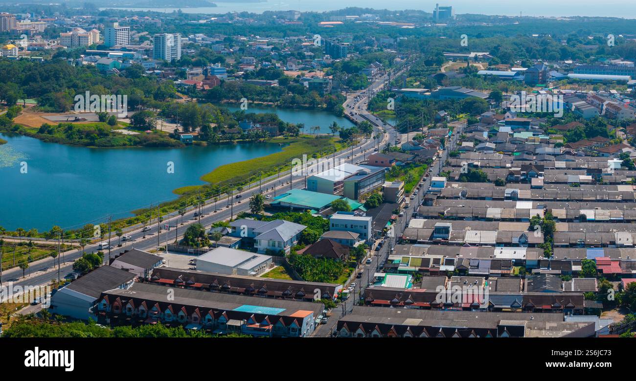 Aerial View of Urban Phuket with Lotus Pond and Coastal Background ...