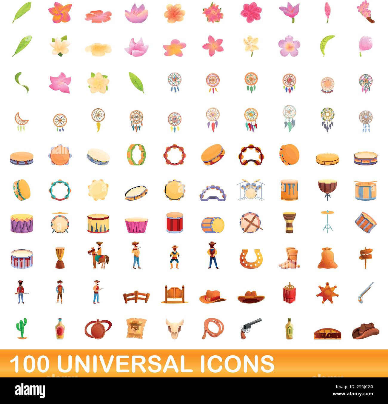100 universal icons set. Cartoon illustration of 100 universal icons ...
