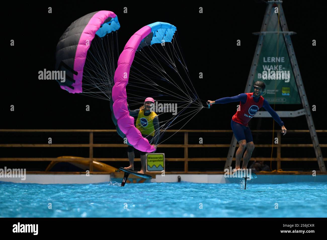 Duesseldorf, Germany. 17th Jan, 2025. A wingfoiler demonstrates a ...