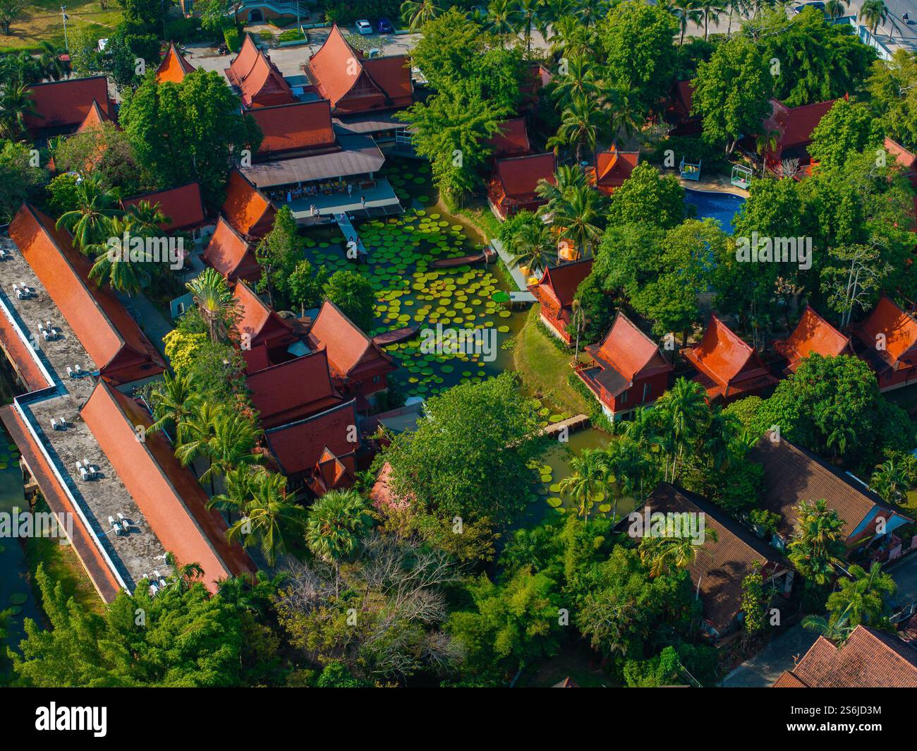 Aerial View of Traditional Thai Architecture and Lotus Pond in Thailand ...
