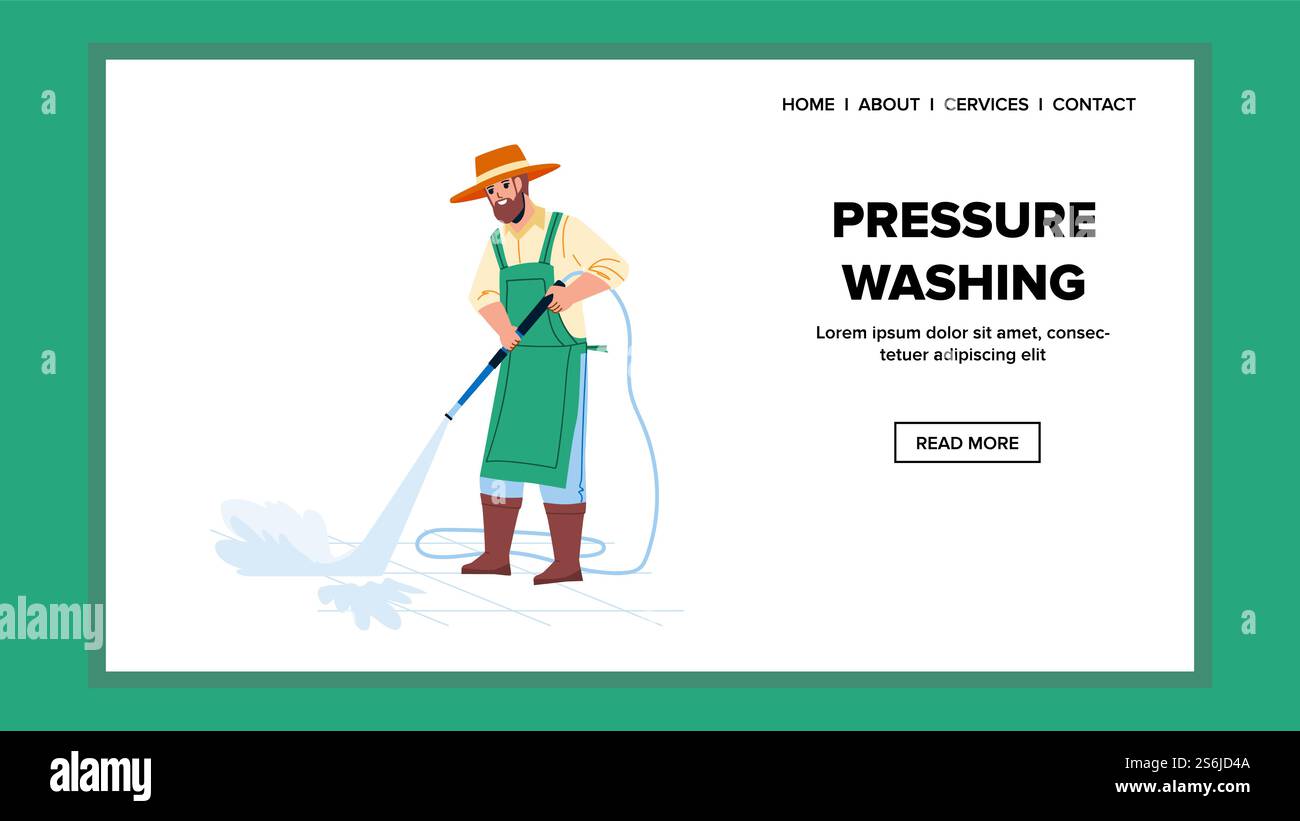 Pressure Washing Backyard Brick With Water Vector. Gardener Pressure ...