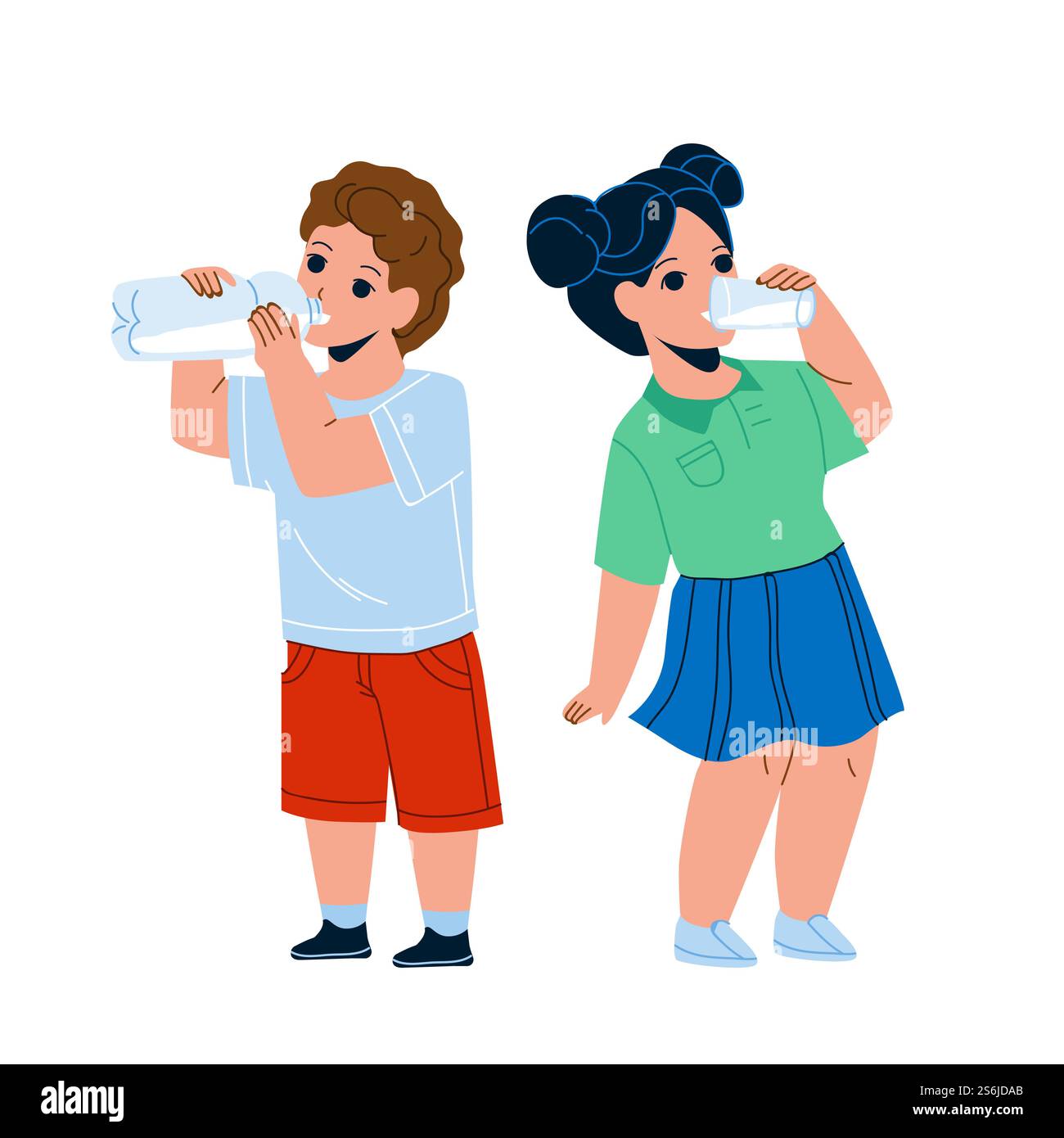 Children Drink Milk From Glass And Bottle Vector. Thirsty Children ...