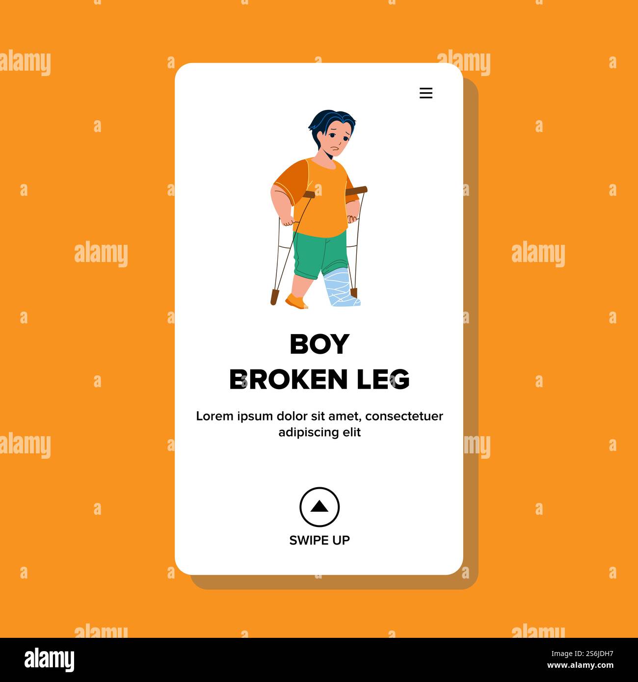 Boy With Broken Leg Walking On Crutches Vector. Little Child With ...