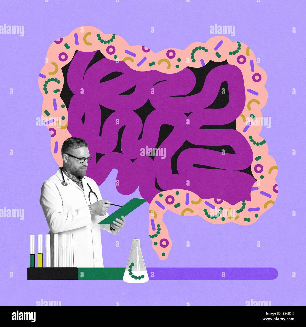 Male doctor in lab coat reviewing medical notes against abstract ...