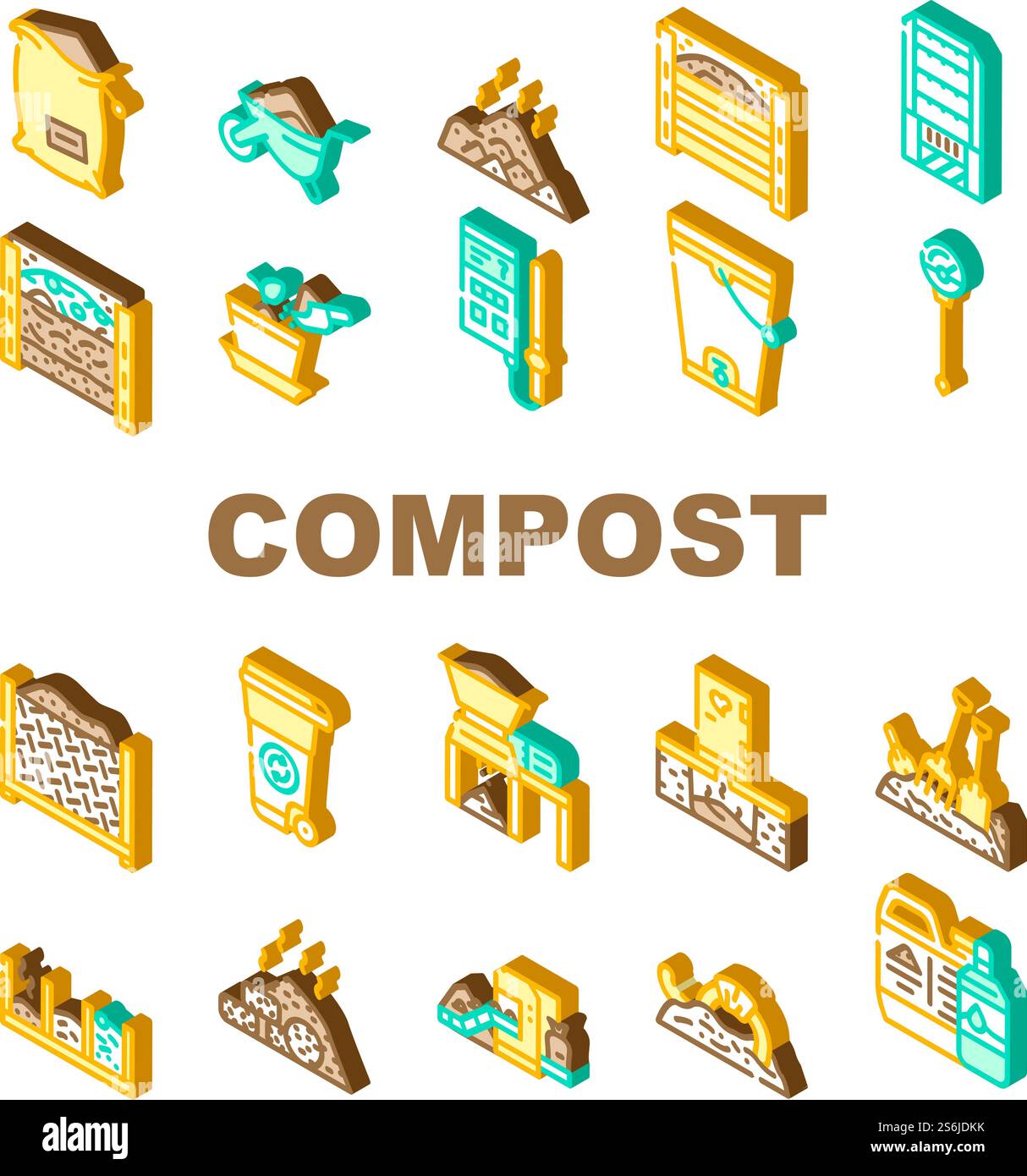 Compost Production Collection Icons Set Vector. Worms In Compost And ...