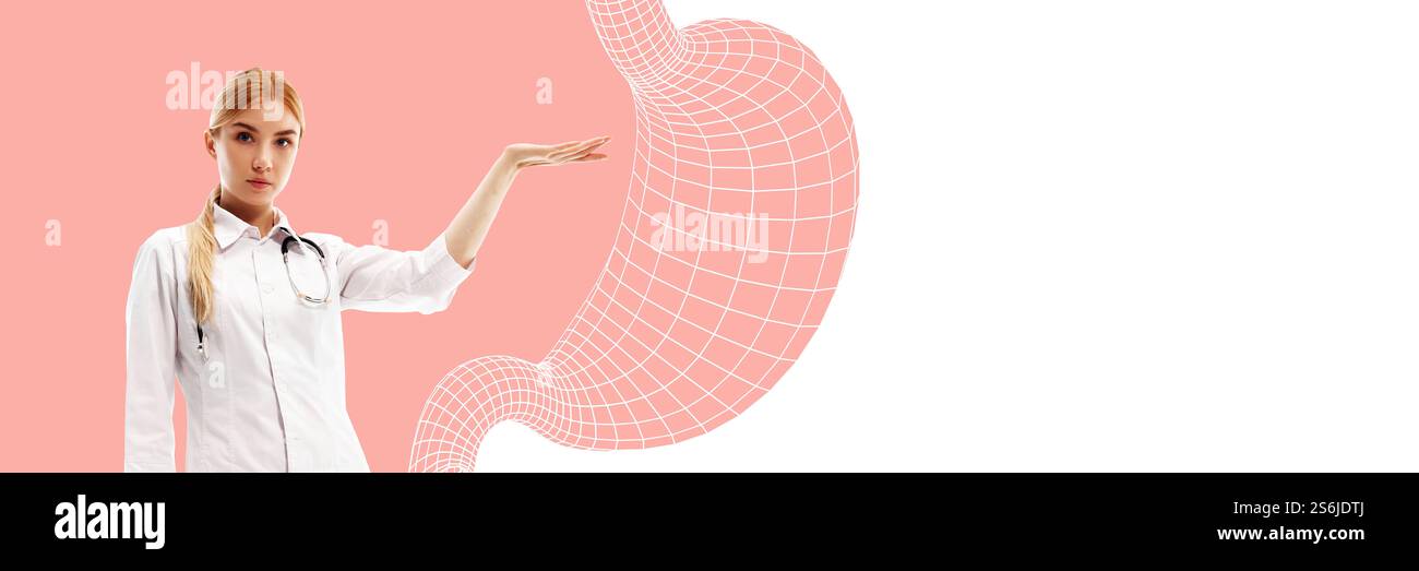 Female doctor in lab coat representing wireframe stomach illustration ...