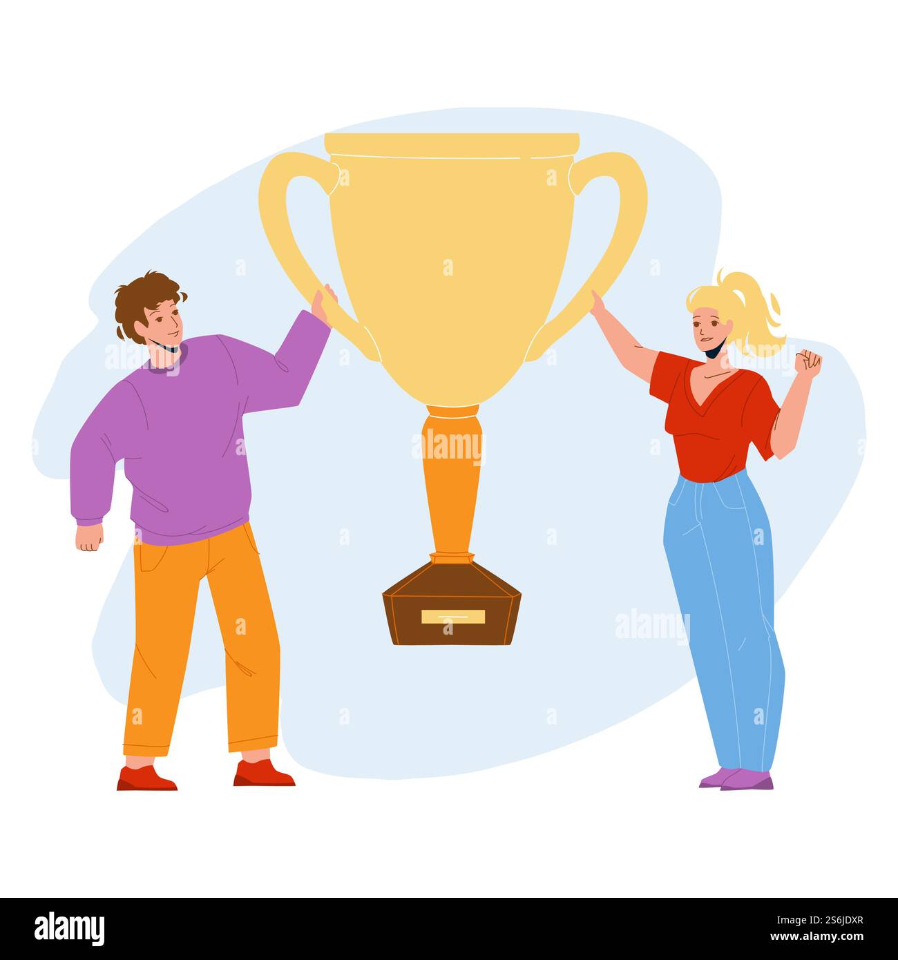 Goal Achievement Celebrate Couple With Cup Vector. Success Goal ...