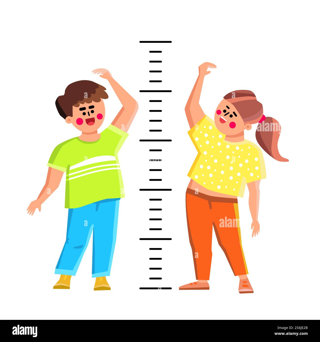 Kids Measuring Height With Measure Scale Vector. Smiling Boy And Girl Children Measuring Growth ...