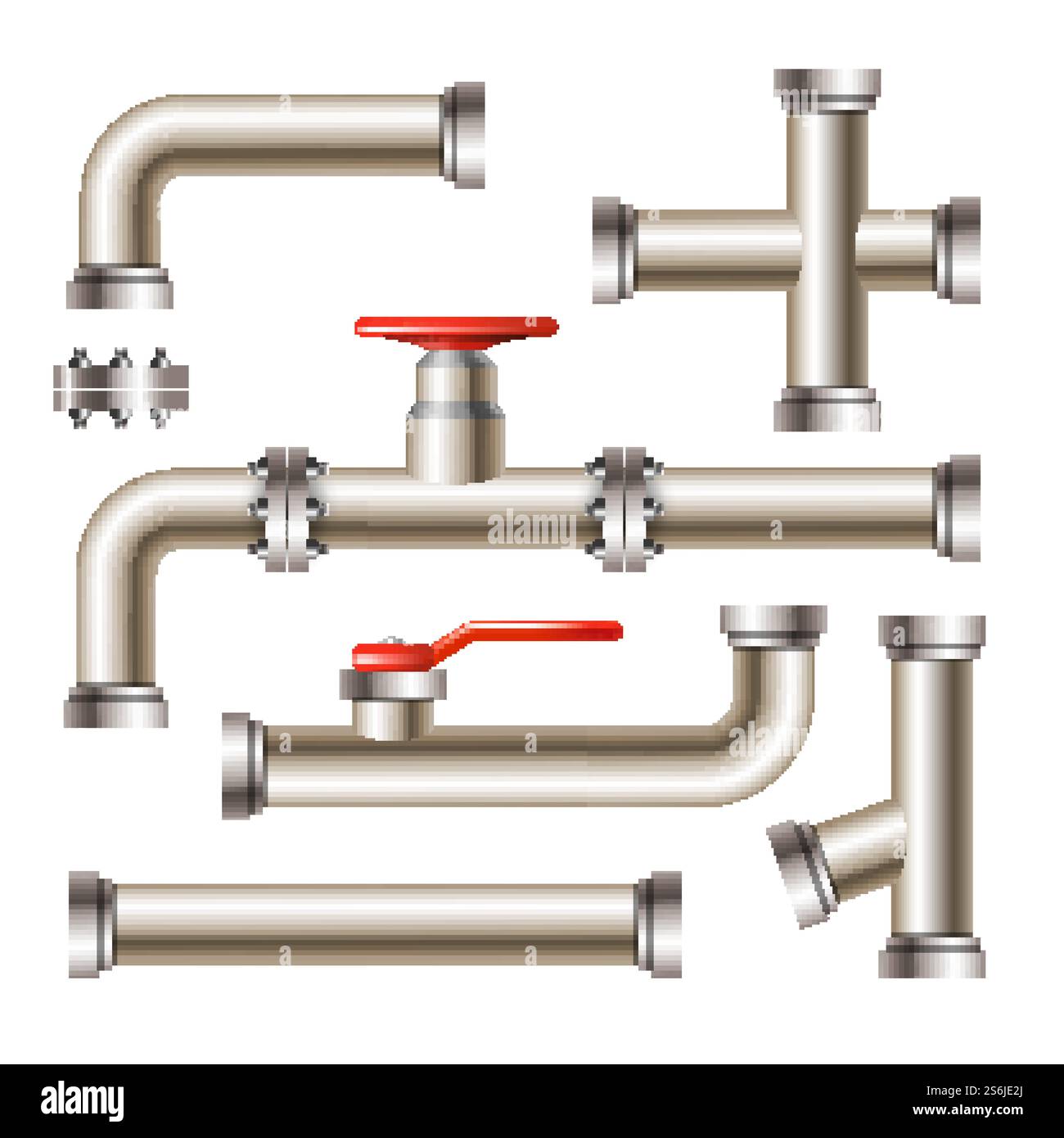 Pipeline With Gate Valve And Faucet Set Vector. Collection Of Steel ...