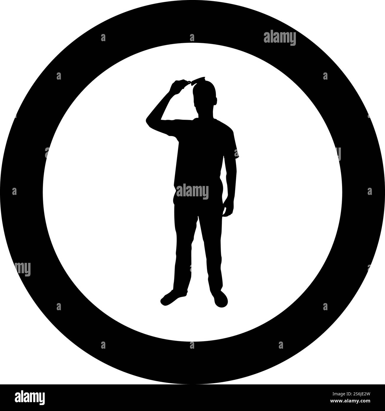 Man is combing hair use hairbrush Front view silhouette in circle round ...