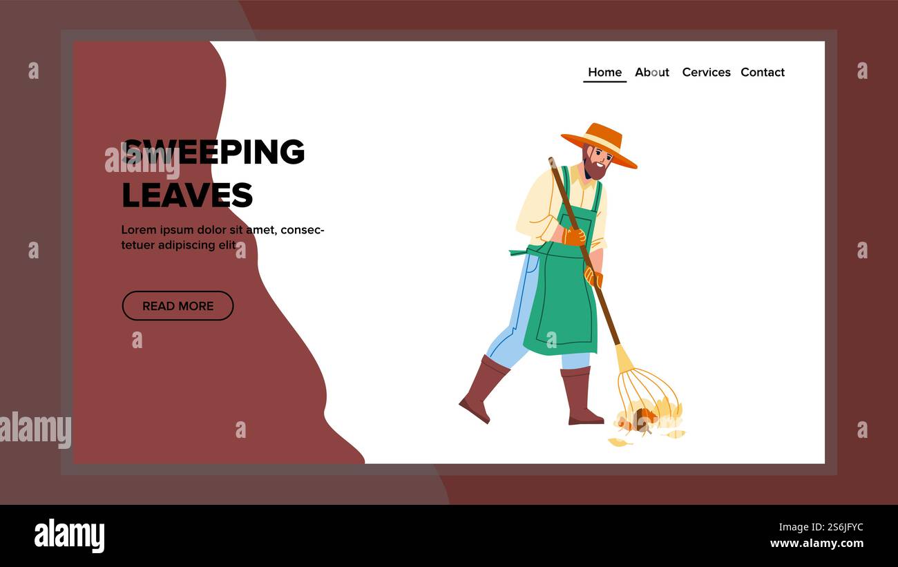 Gardener Sweeping Leaves With Rake Tool Vector. Janitor Man Sweeping ...