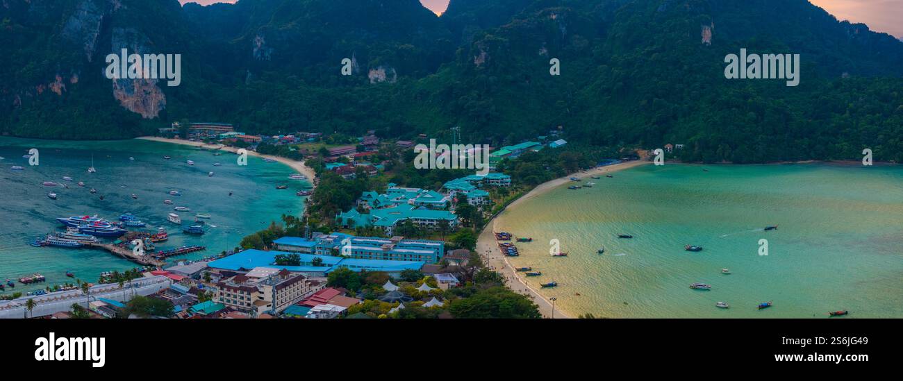 Aerial view of crescent shaped bays in Phi Phi Islands, Thailand, with ...