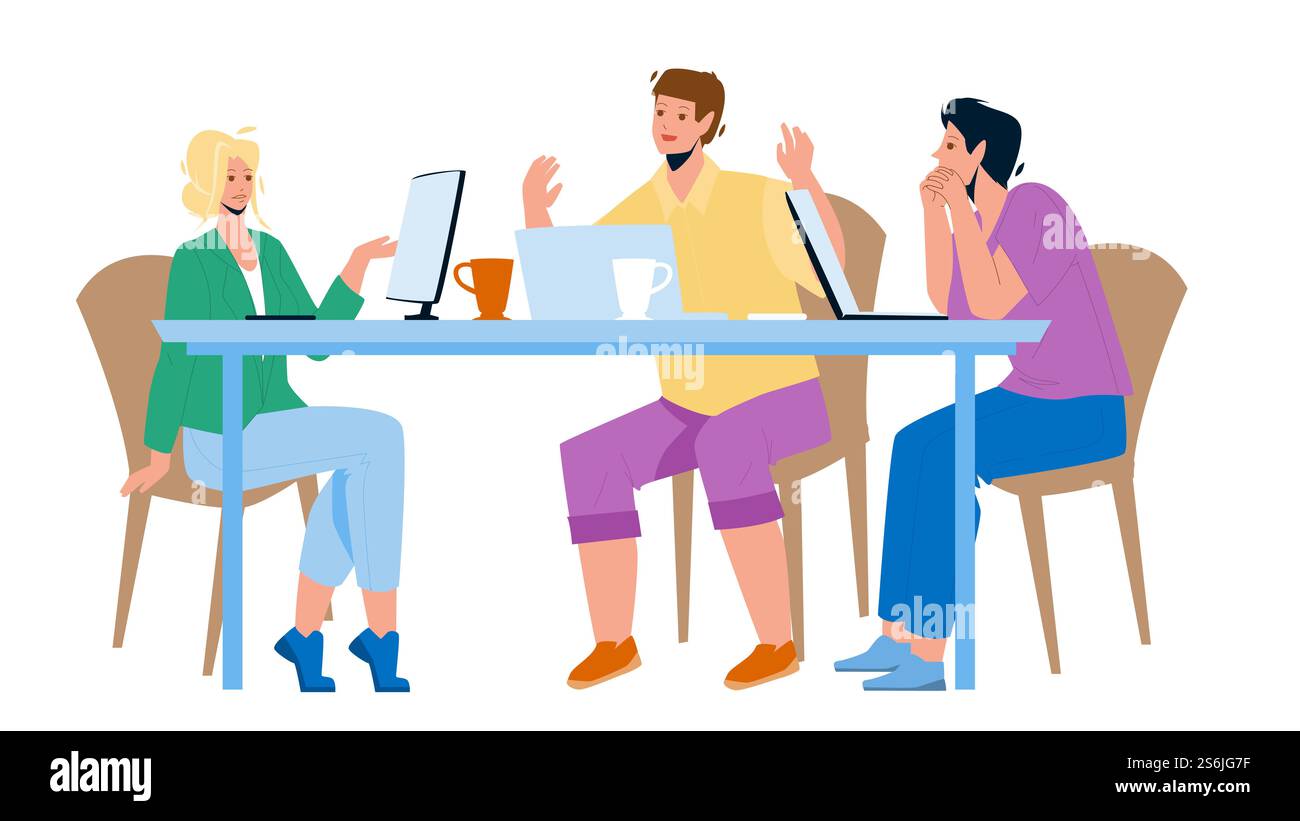 Team Work Together At Table In Office Room Vector. Colleagues ...