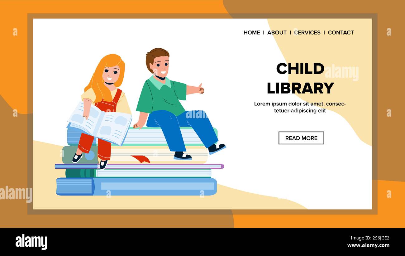 In Child Library Reading Books Boy And Girl Vector. Preteen Kids In ...
