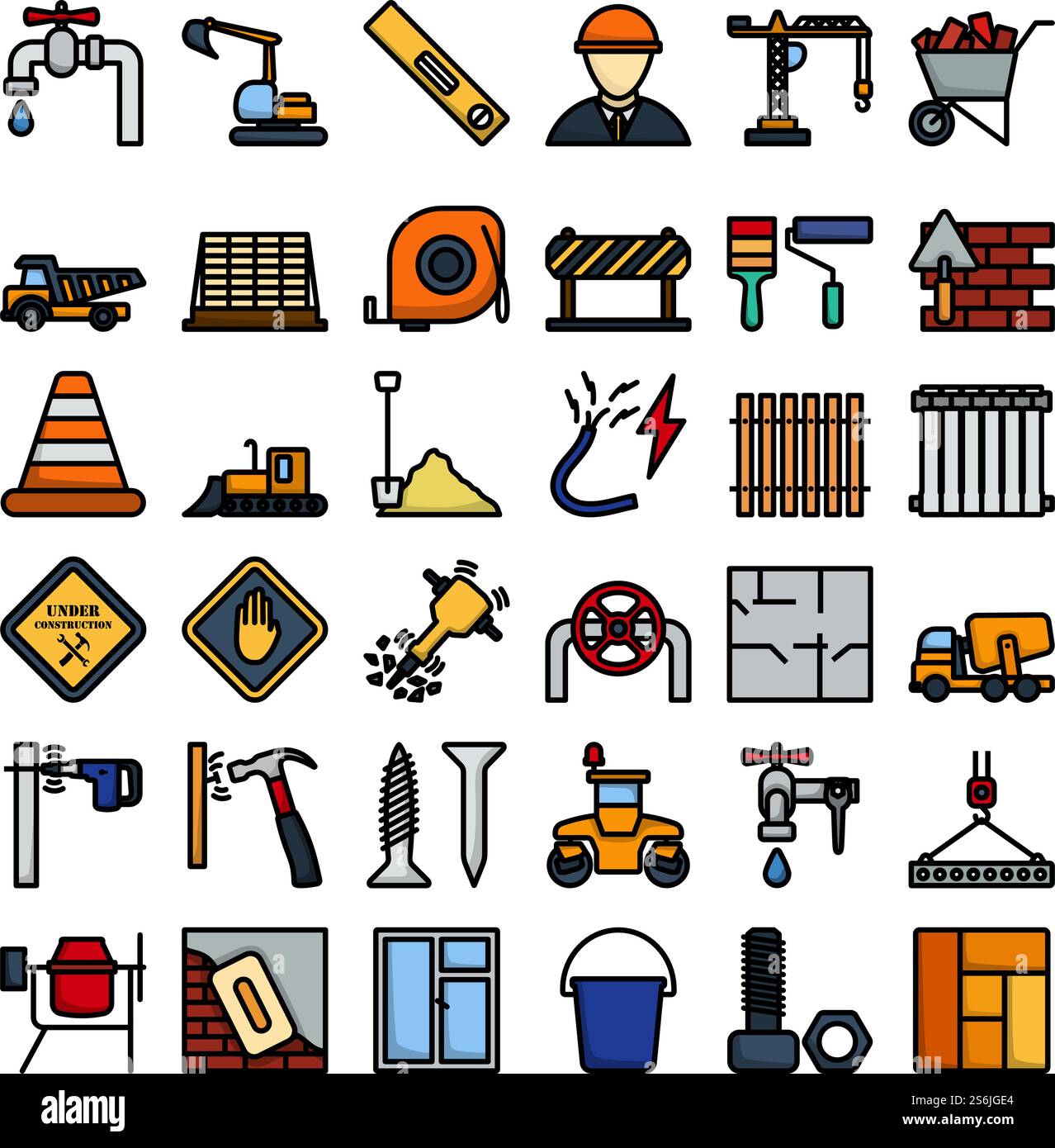 Construction Icon Set. Editable Bold Outline With Color Fill Design ...