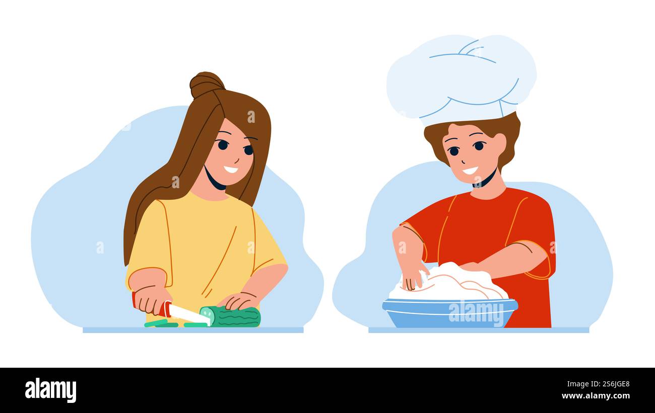 Kids Cooking Salad And Dessert Together Vector. Boy Prepare Dough For ...