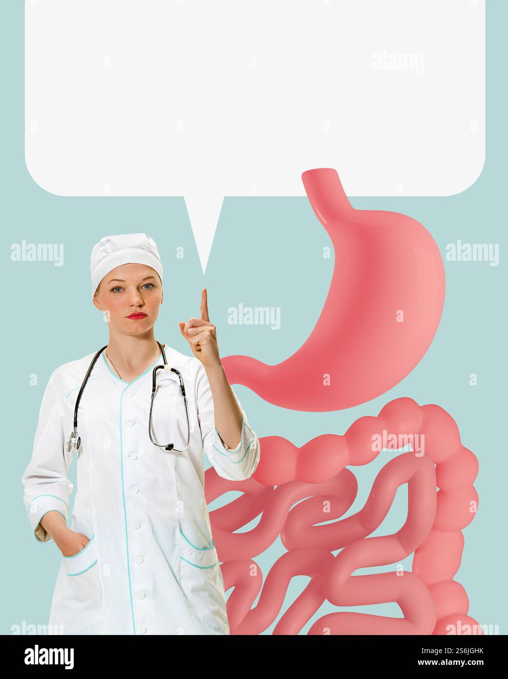 Female doctor in lab coat pointing upward to speech bubble with ...