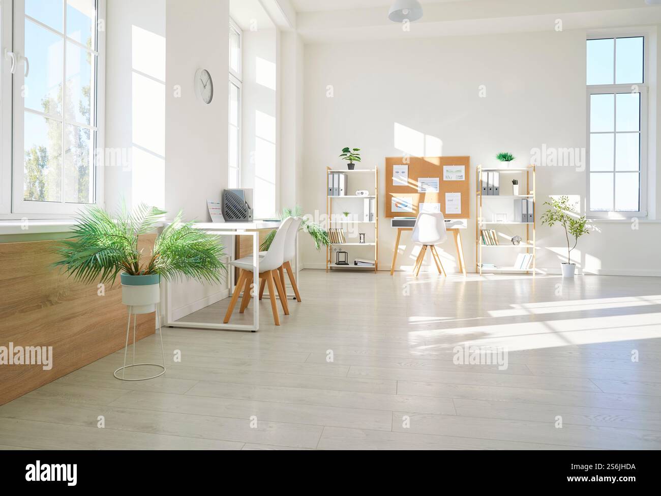 Empty modern clean spacious office room interior, desks, computers ...