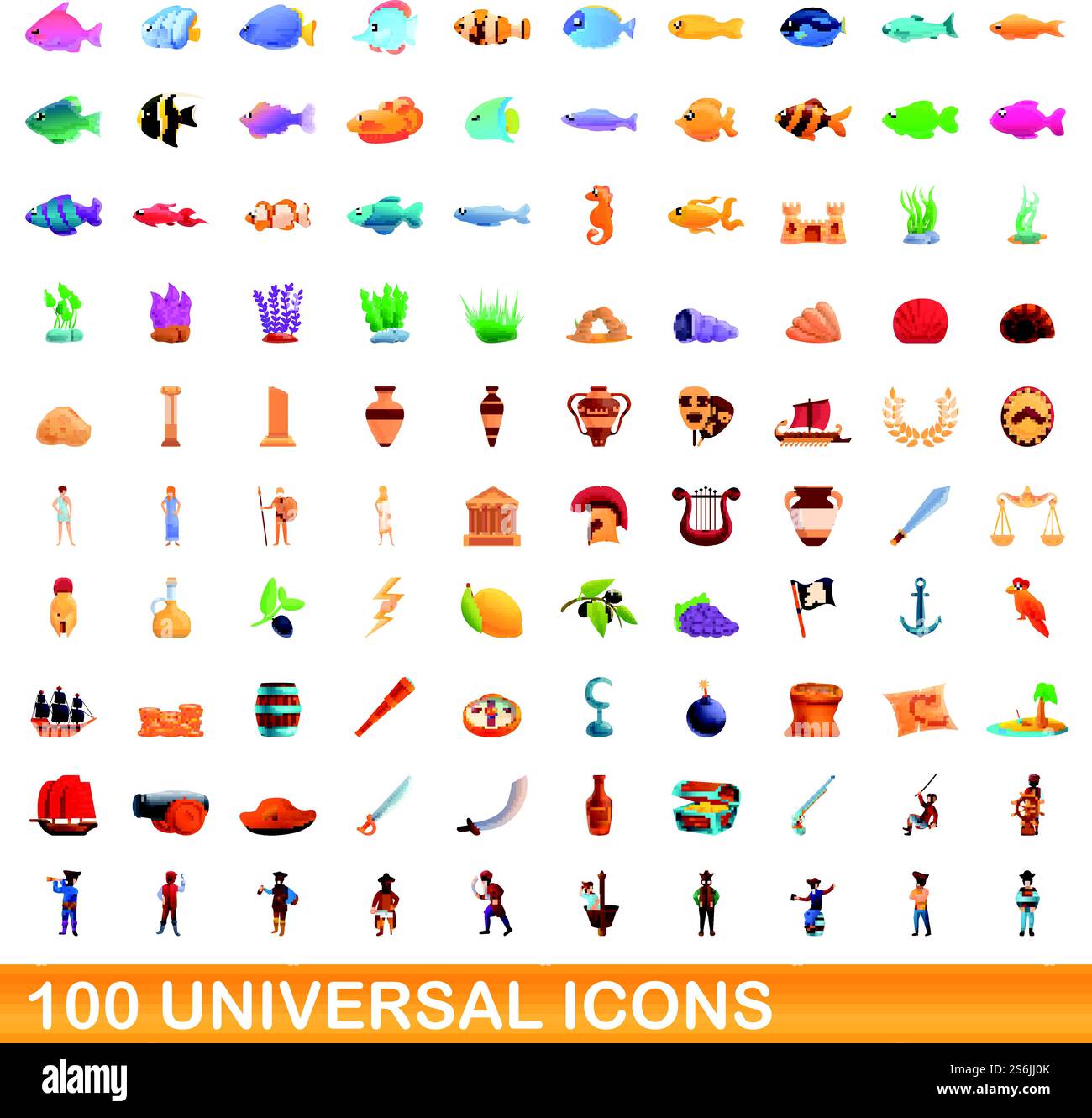 100 universal icons set. Cartoon illustration of 100 universal icons ...