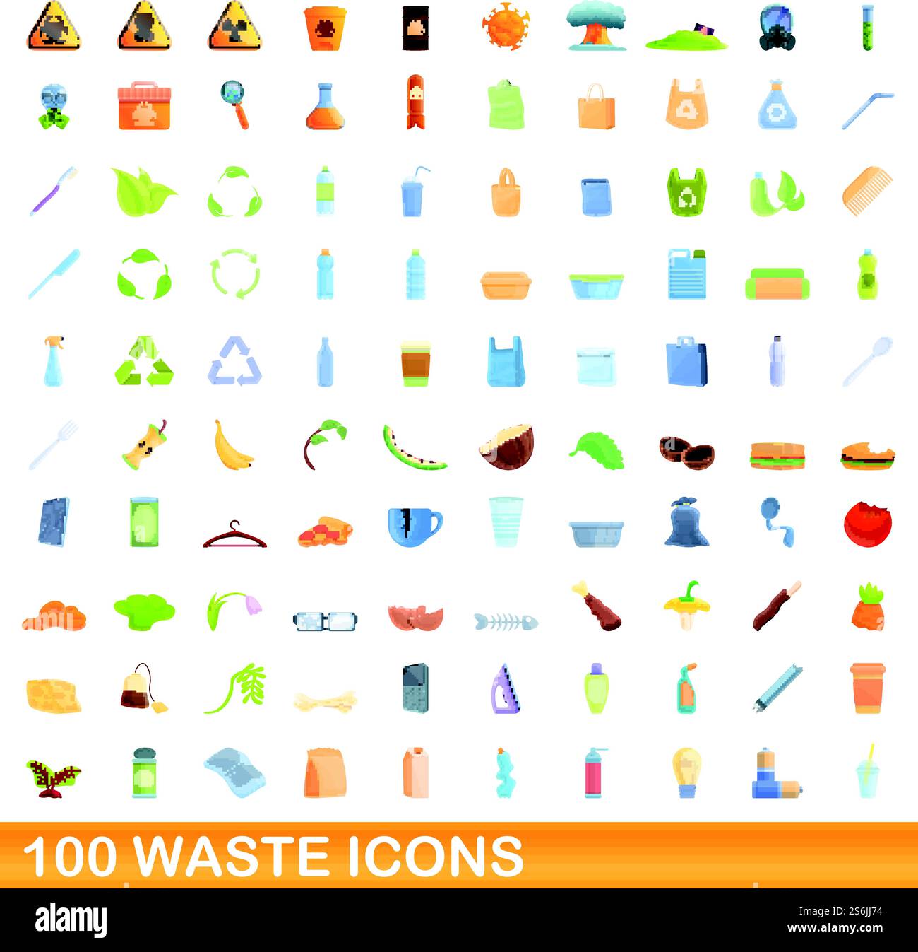 100 waste icons set. Cartoon illustration of 100 waste icons vector set ...