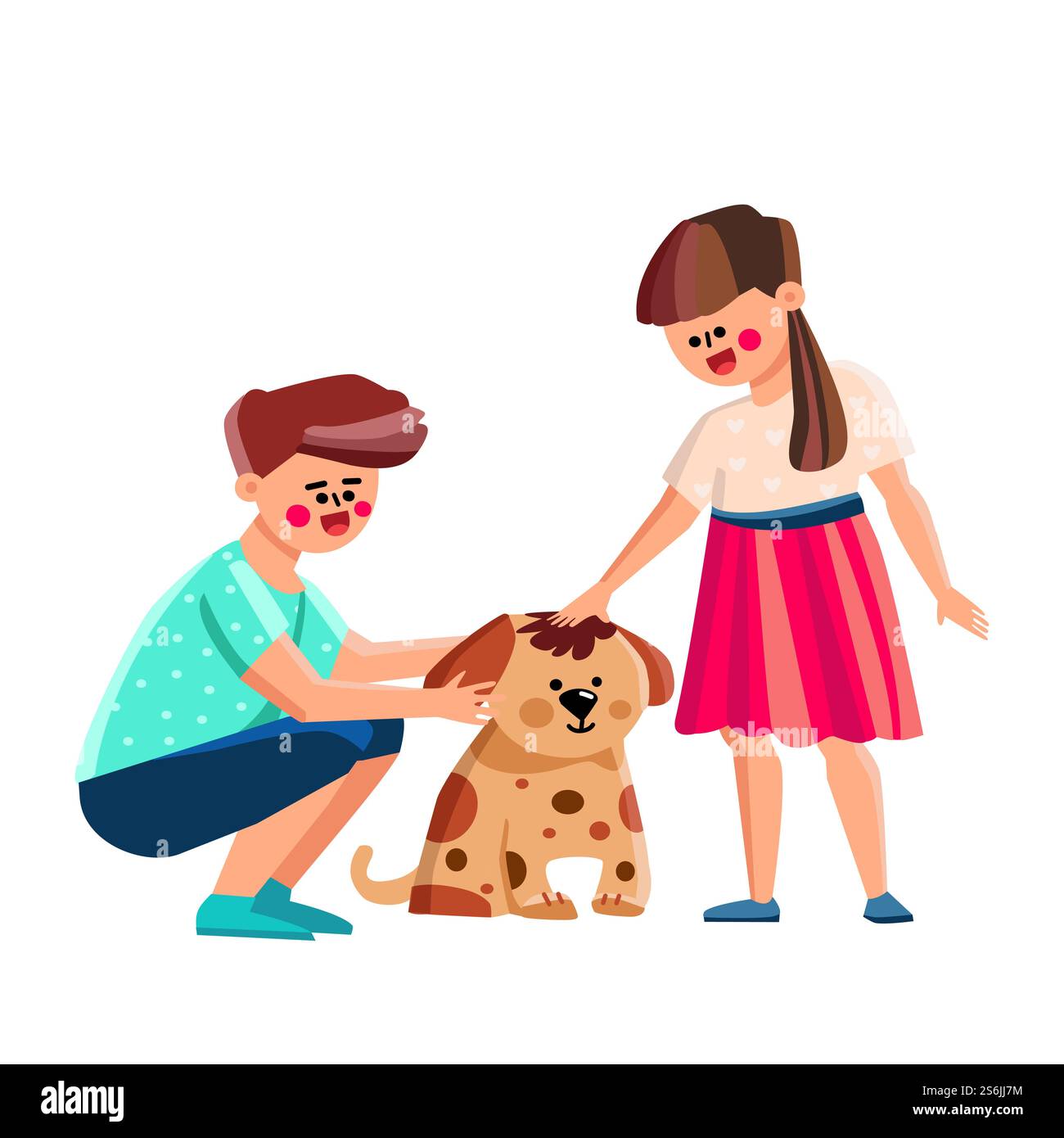Boy And Girl Kids Petting Dog Together Vector. Brother And Sister ...