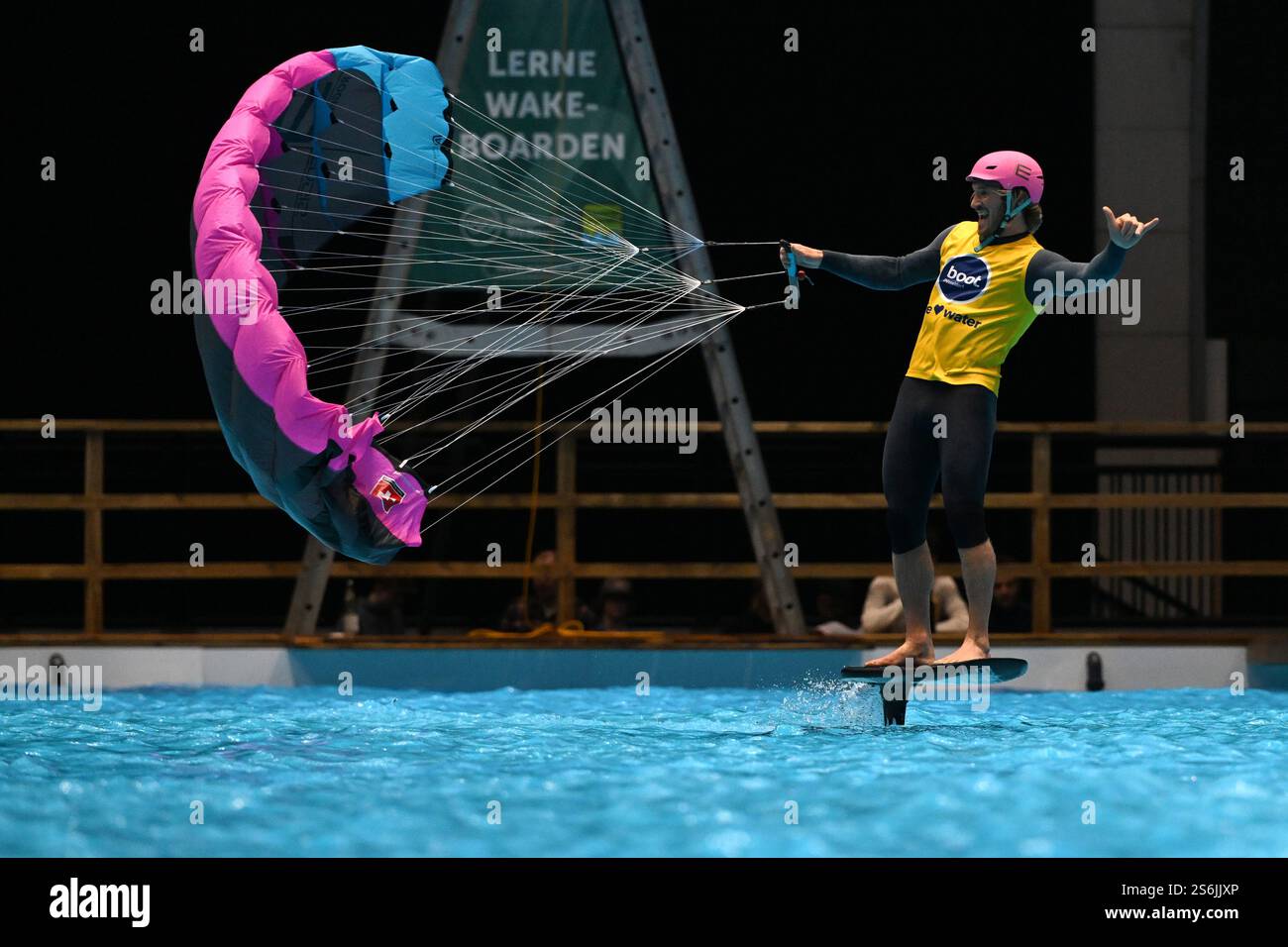 Duesseldorf, Germany. 17th Jan, 2025. A wingfoiler demonstrates a ...