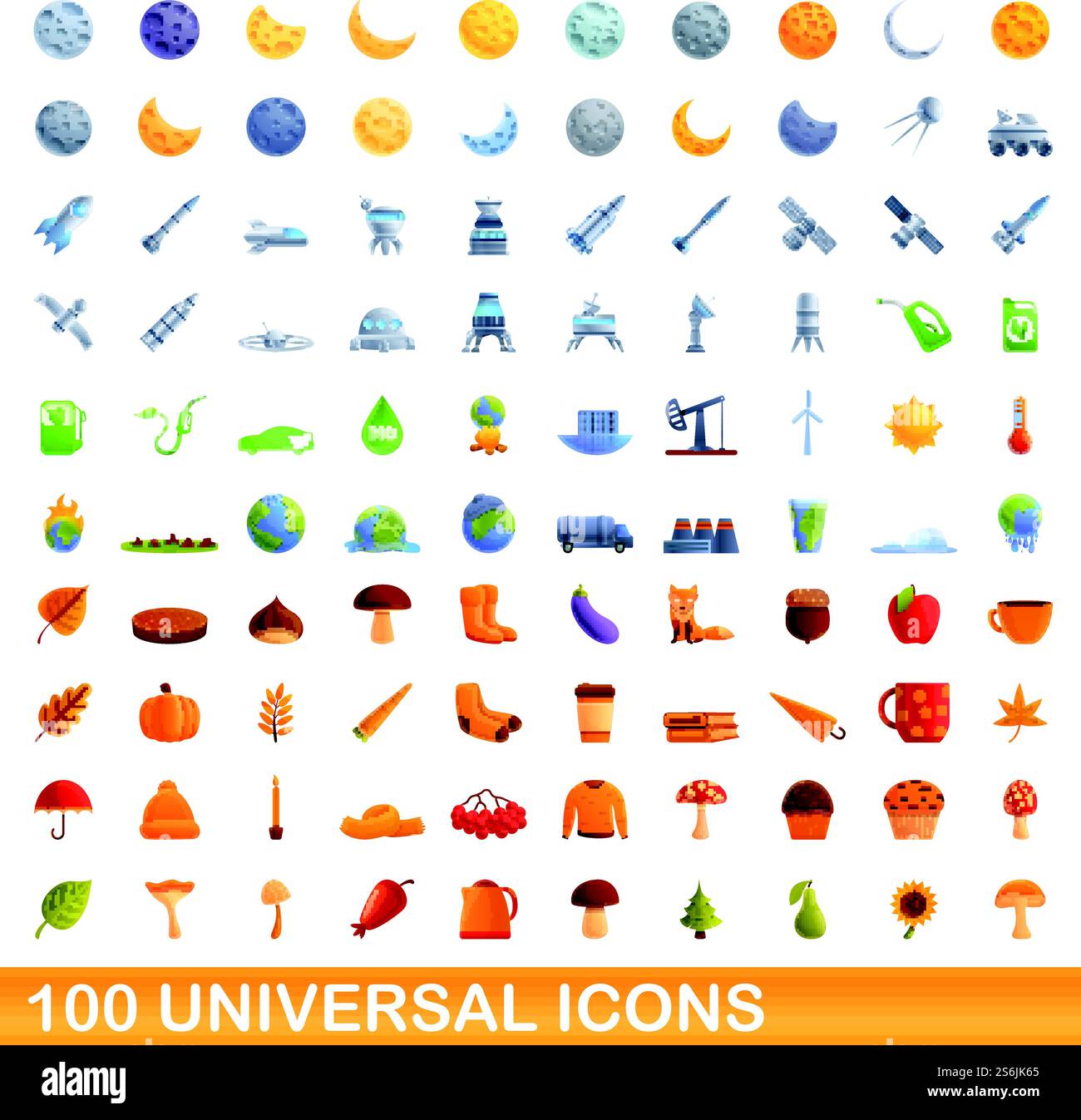 100 universal icons set. Cartoon illustration of 100 universal icons ...