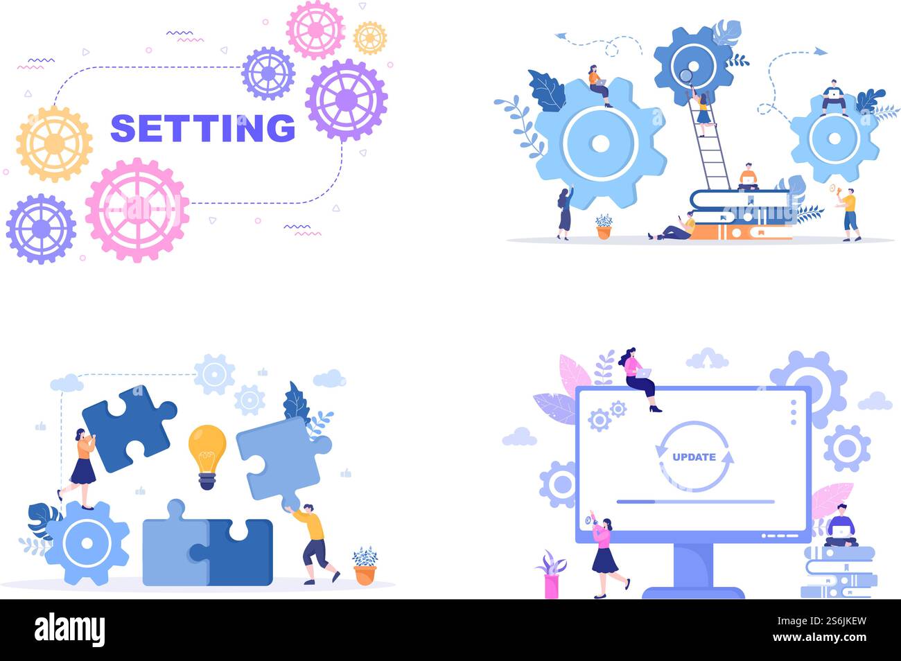 Setting Vector Illustration To Teamwork On Finding New Ideas, Launch A Mechanism, Search For ...