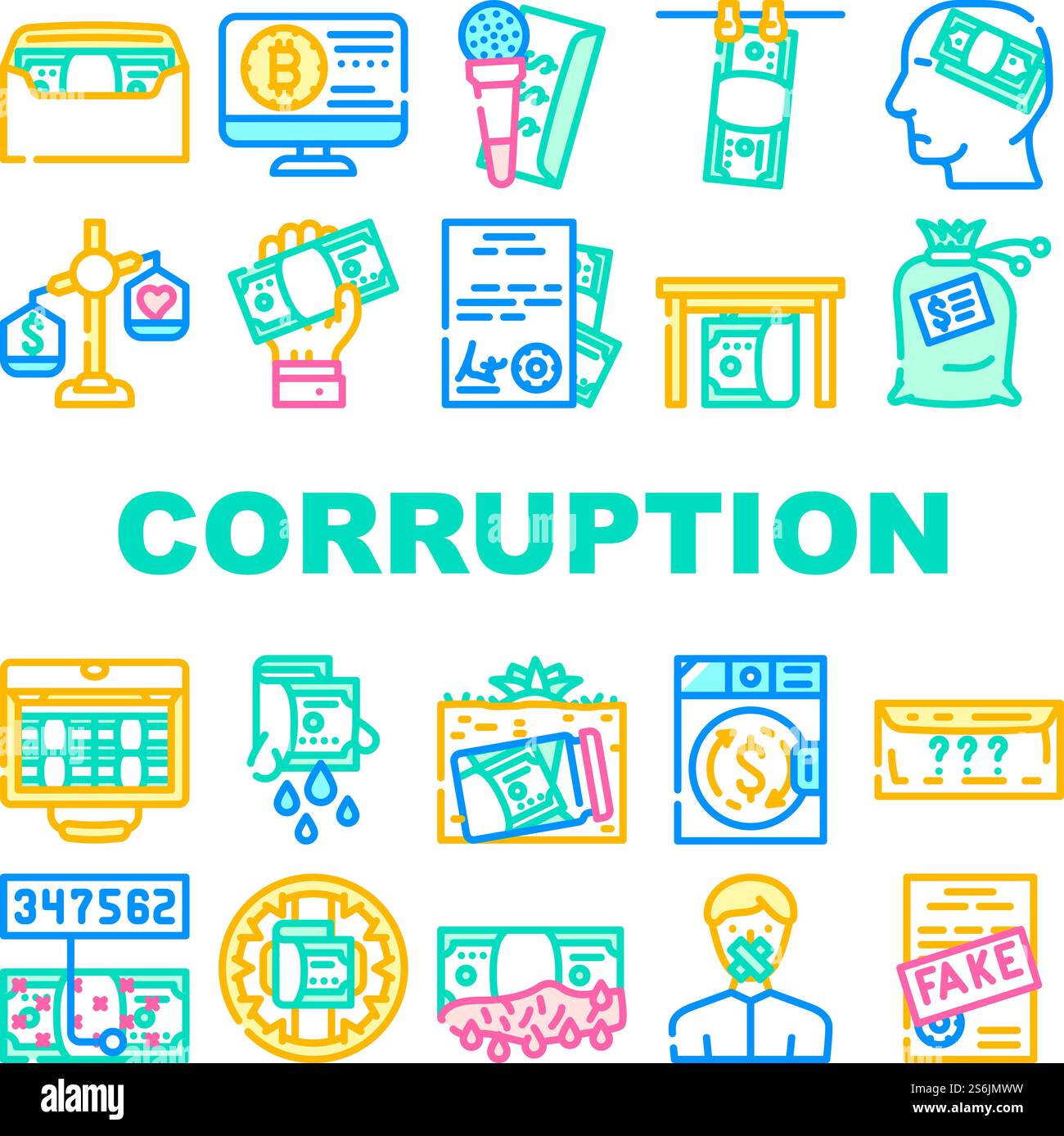Corruption Problem Collection Icons Set Vector. Money Bag And Envelope ...
