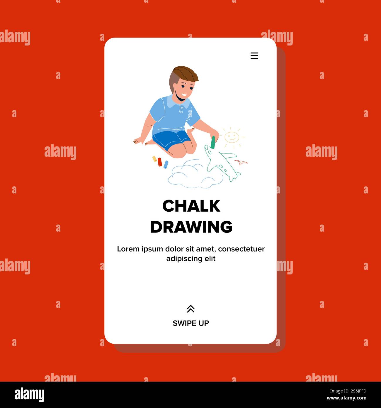 Boy Chalk Drawing On Kindergarten Asphalt Vector. Child Colored Chalk ...