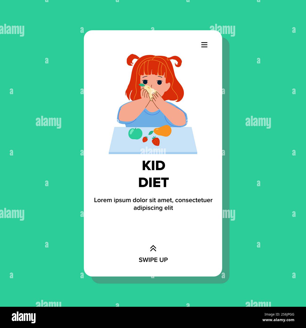 Girl On Kid Diet And Eating Vitamin Fruits Vector. Preschool Lady On ...