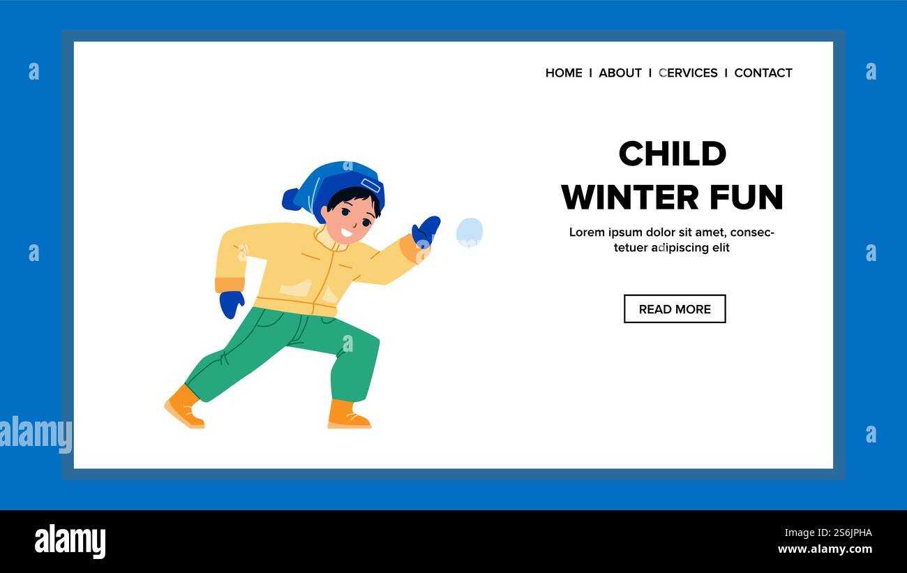 Child Winter Fun Play Game Snowball Fight Vector. Boy Playing Seasonal ...