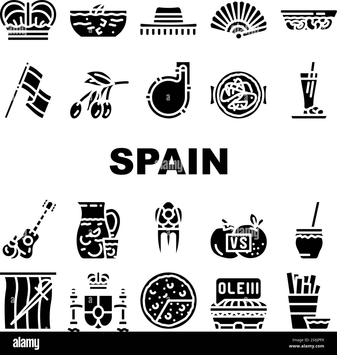 Spain Nation Heritage Collection Icons Set Vector. Gazpacho, Omelet And ...