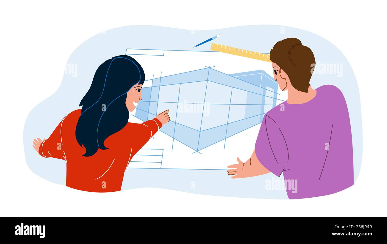 Architect Plan Researching Engineer Team Vector. Designers Research And ...