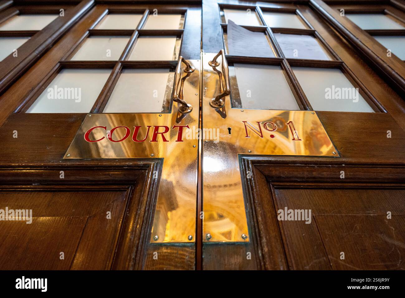The sign on the doors leading to court no 1 in the Grand Hall of the ...