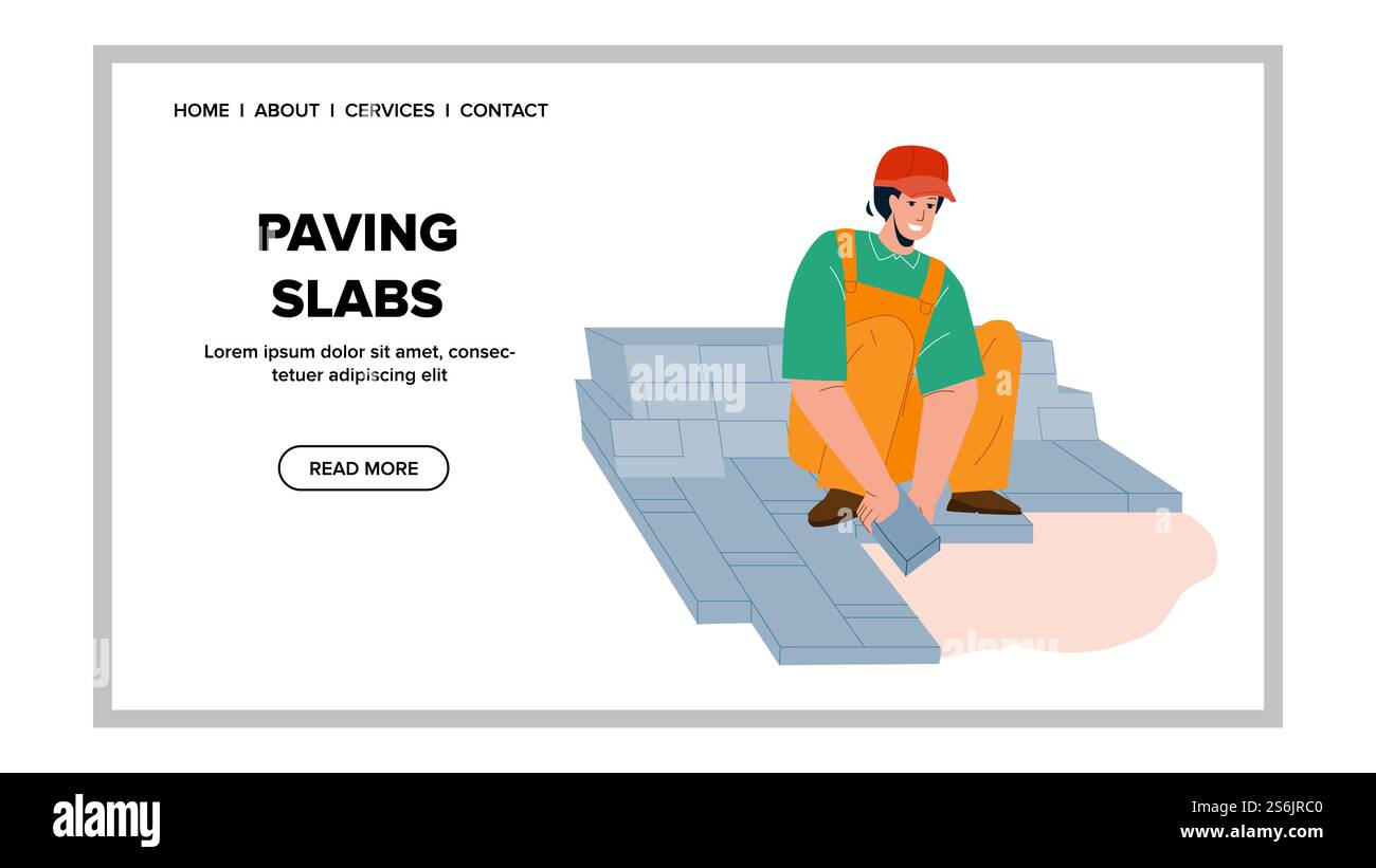 Paving Slabs Laying Handyman On Street Vector. Builder Man In Uniform ...