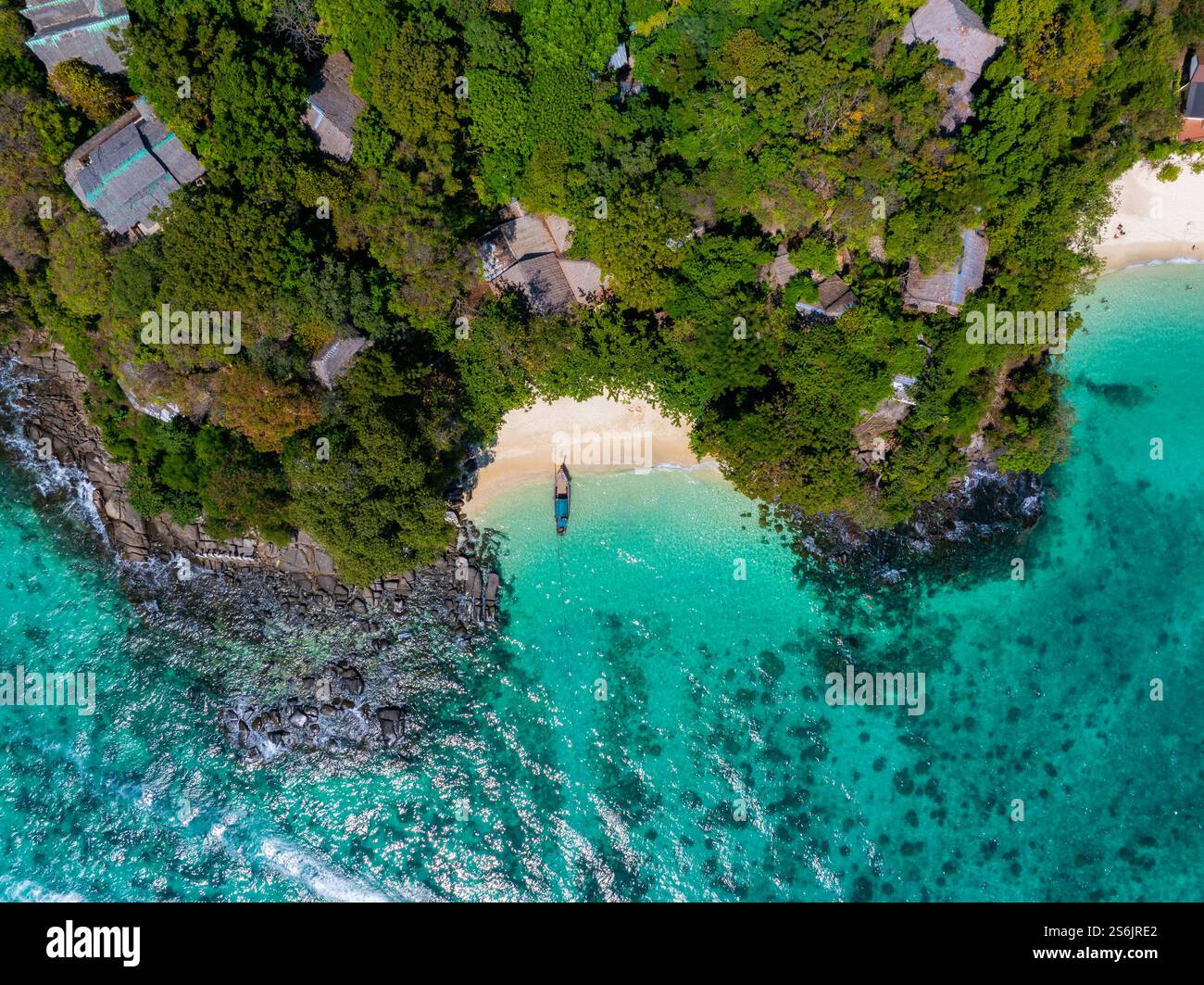 Aerial View of Secluded Beach and Long Tail Boat in Phi Phi Islands ...