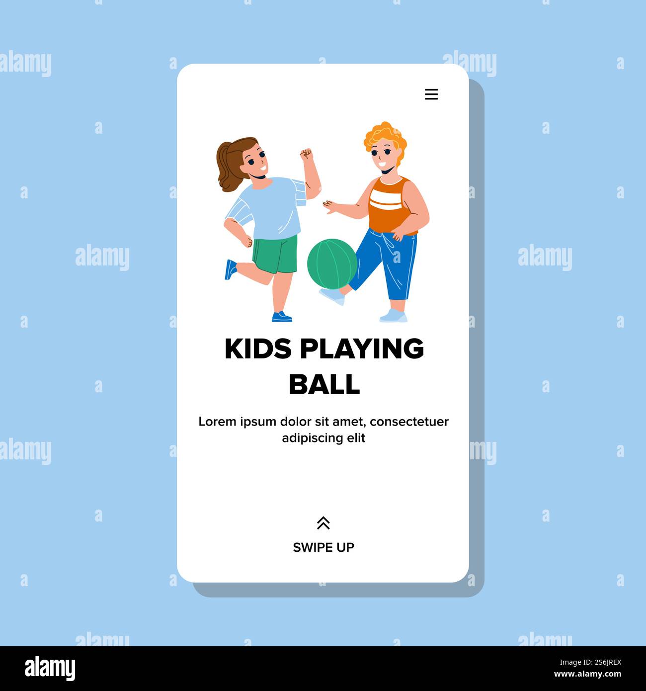 Kids Playing Ball On Kindergarten Field Vector. Preteen Boy And Girl ...