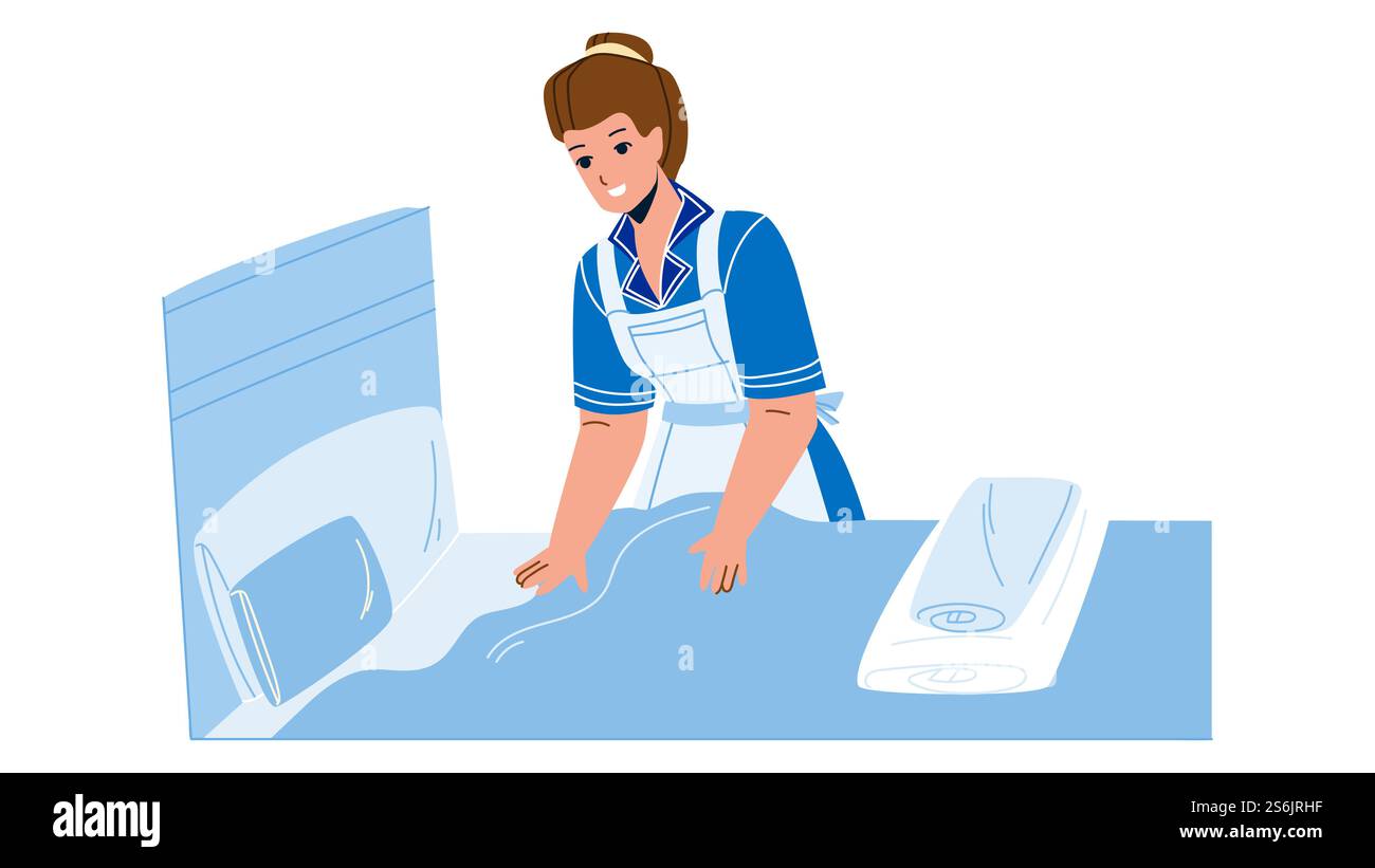 Housekeeper Woman Making Bed In Bedroom Vector. Housekeeper Service ...