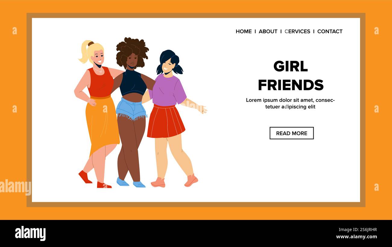 Girl Friends Staying And Embracing Together Vector. Multiracial ...