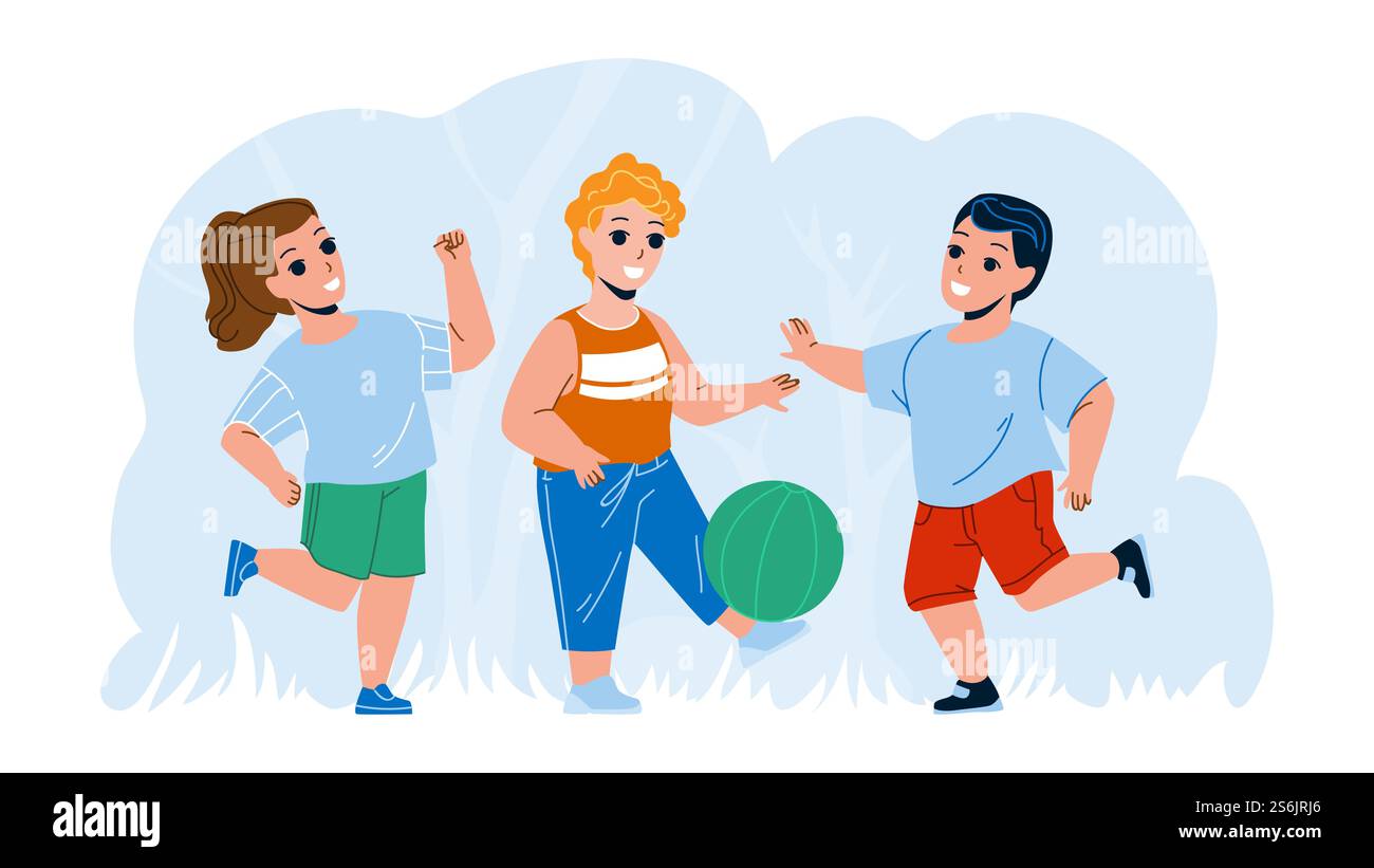 Children Playing With Ball Outside Together Vector. Kids Playing ...