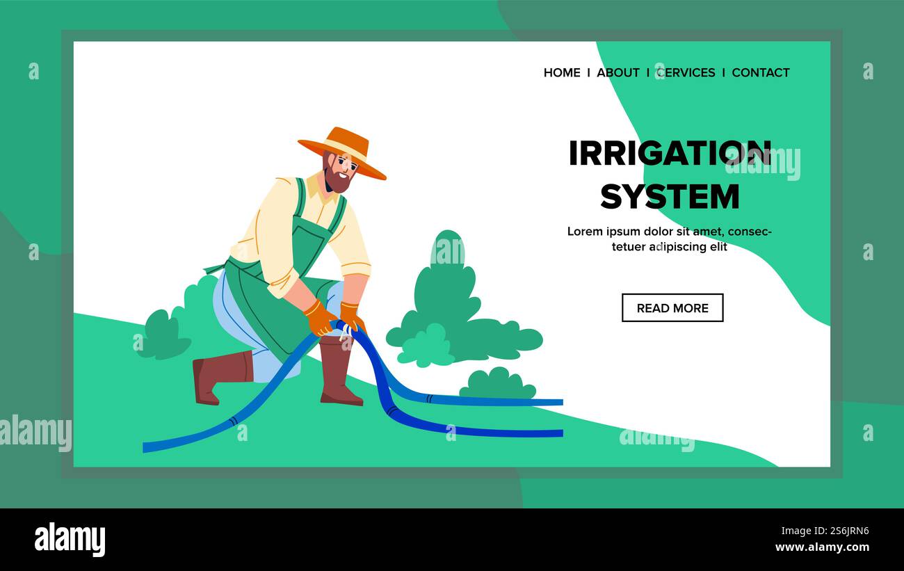 Irrigation System Watering Plant And Grass Vector. Gardener Installing ...