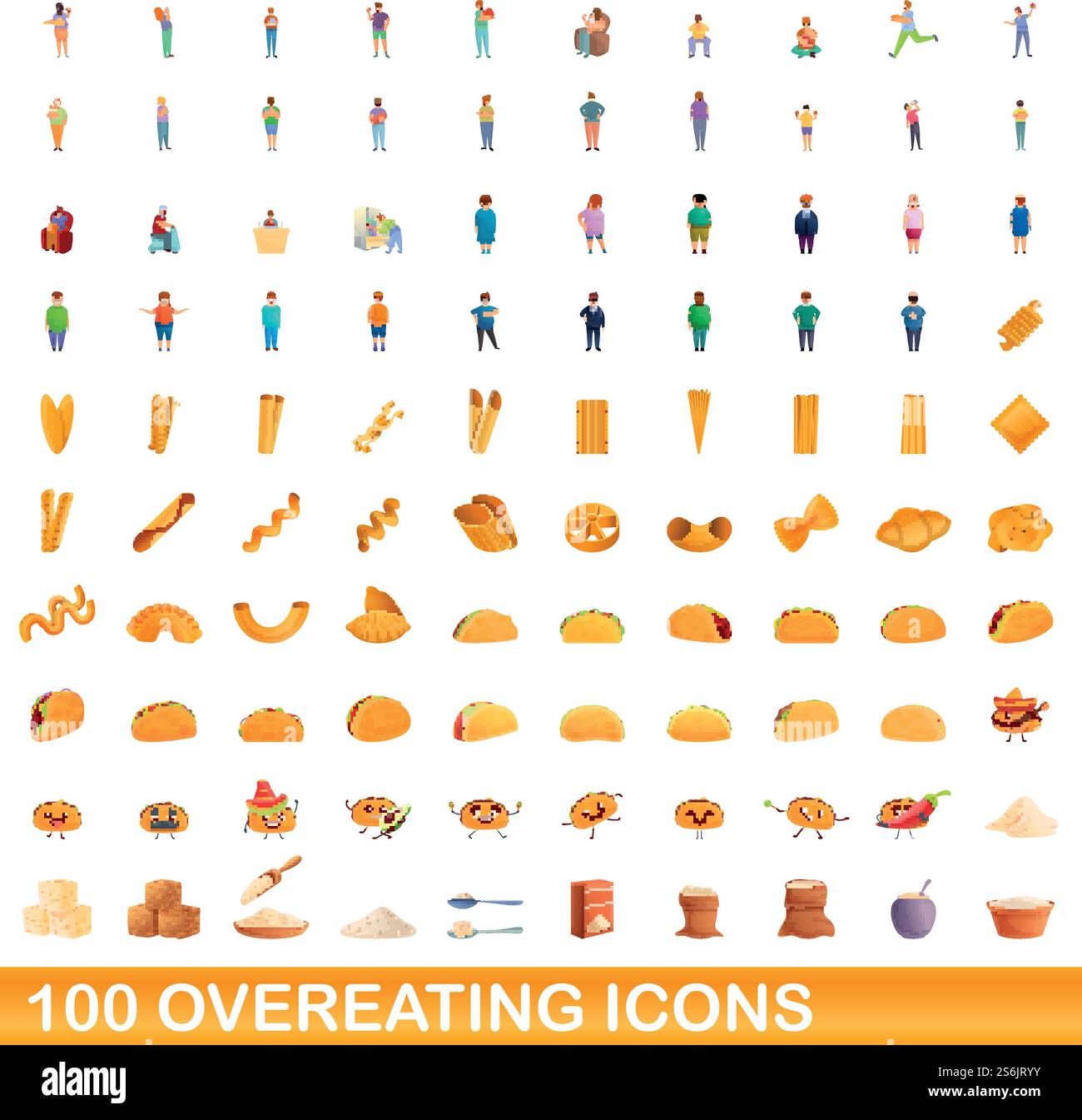 100 overeating icons set. Cartoon illustration of 100 overeating icons ...
