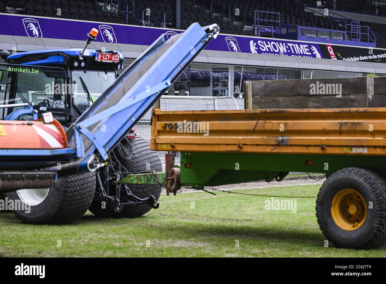 This picture shows the works to improve the pitch of Belgian soccer ...