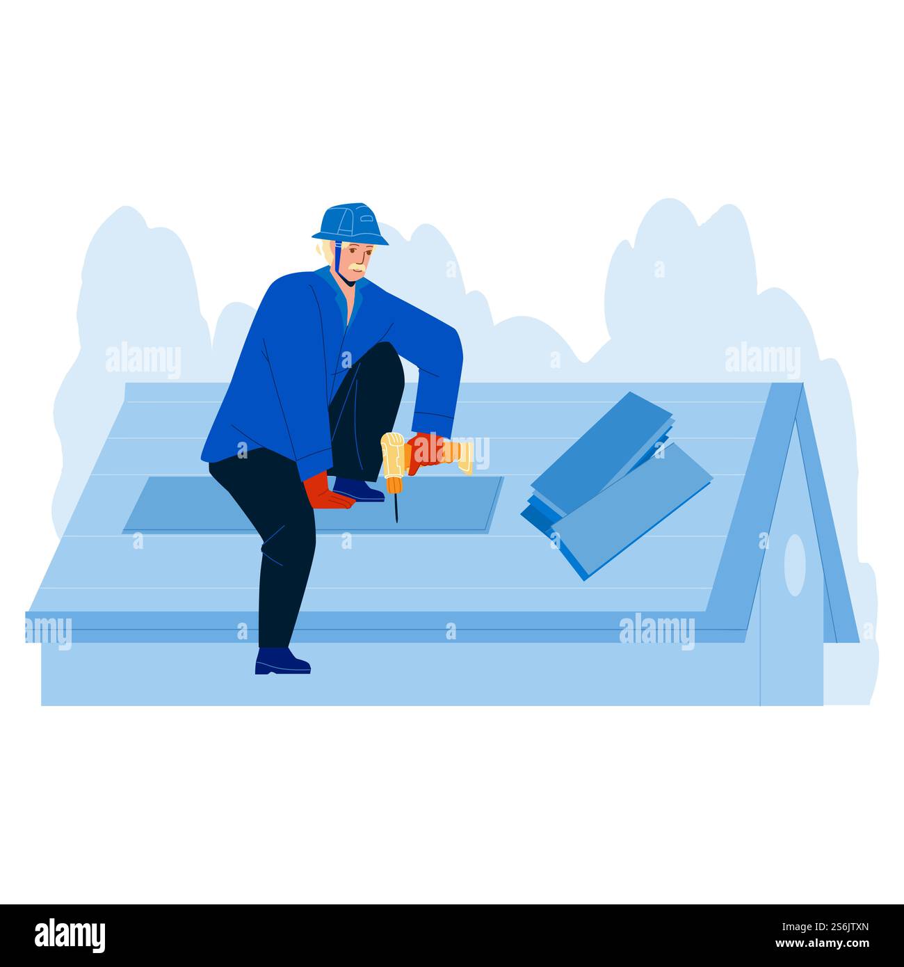 Roofer Installing Wooden Or Bitumen Shingle Vector. Roofer Man Fixing ...