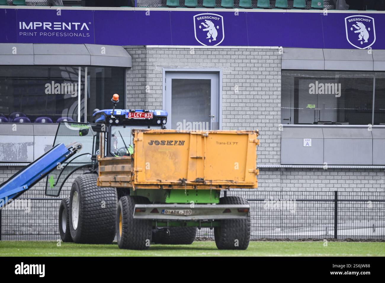 This picture shows the works to improve the pitch of Belgian soccer ...