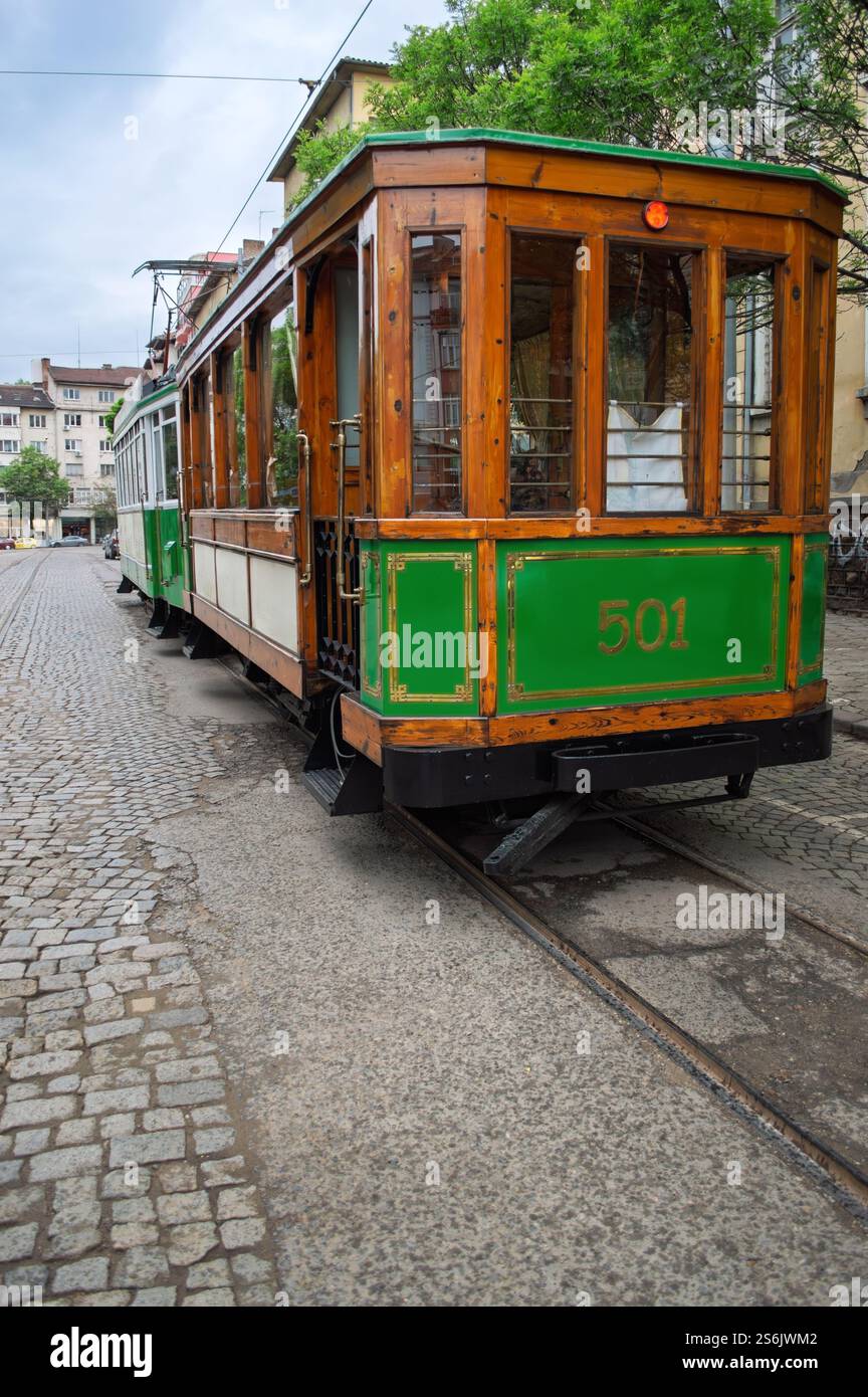tram on the street eastern Europe, in sofia, bulgaria, vintage back ...